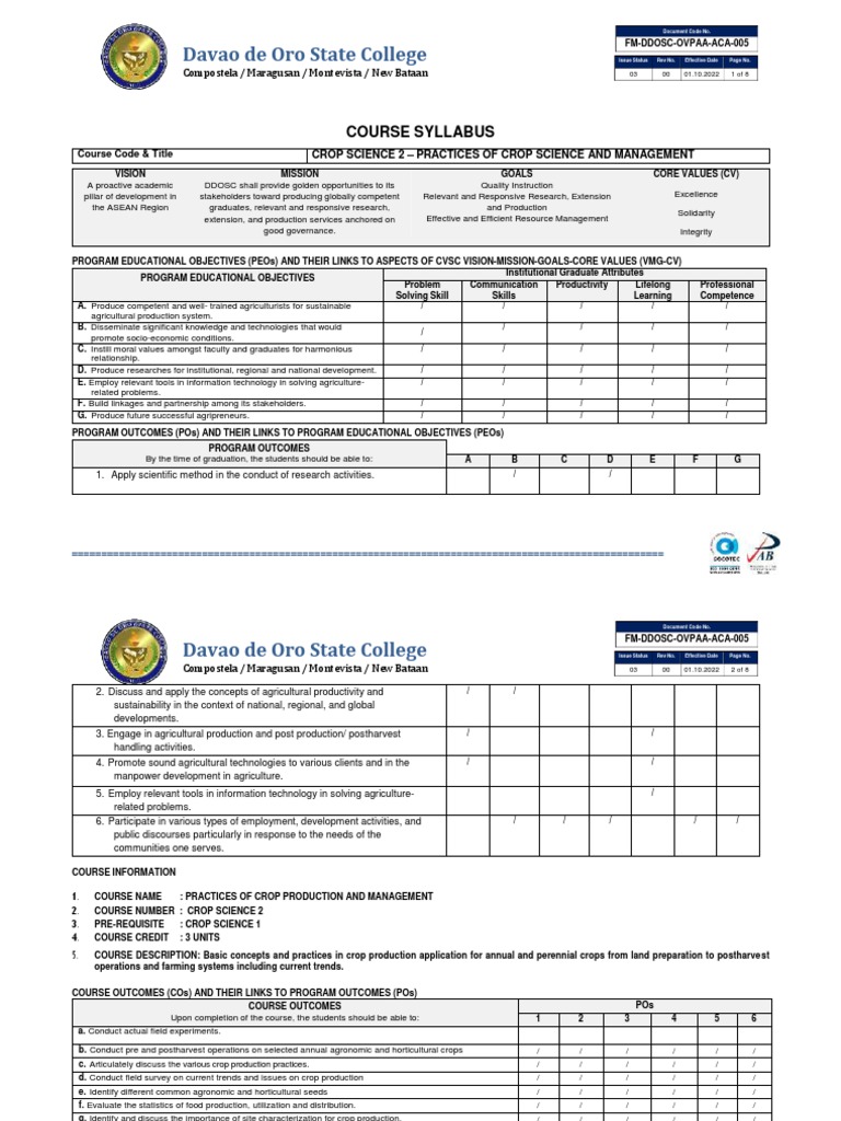 CROP SCI 2 - Course Syllabus SY 2022 2023 - 2nd Sem - 1st Draft | PDF