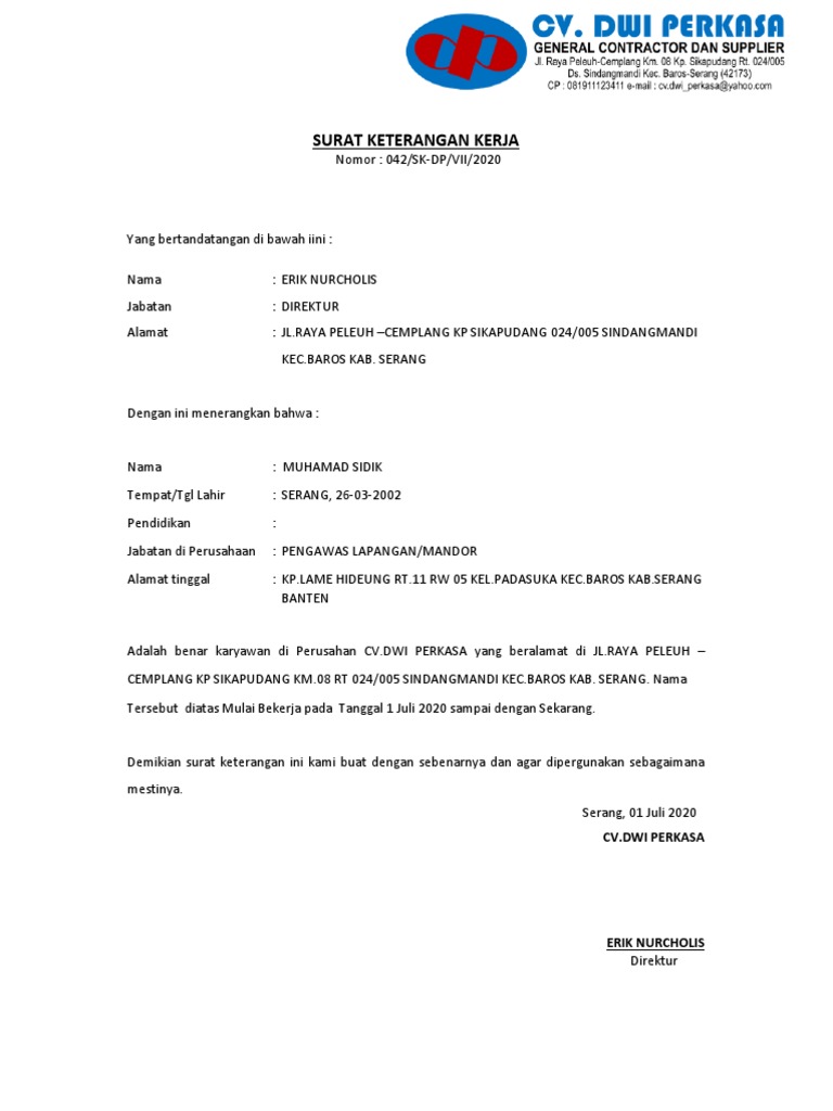 Surat Keterangan Kerja | PDF