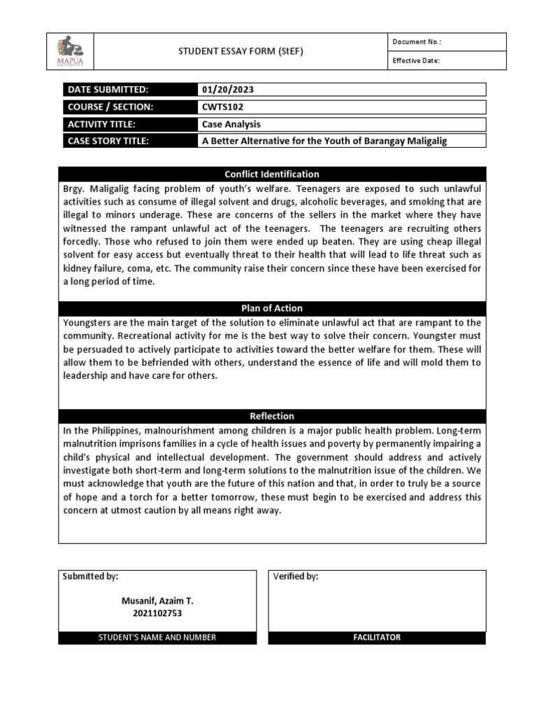 Case Analysis Essay A Better Alternative For The Youth of Barangay Maligalig | PDF ...