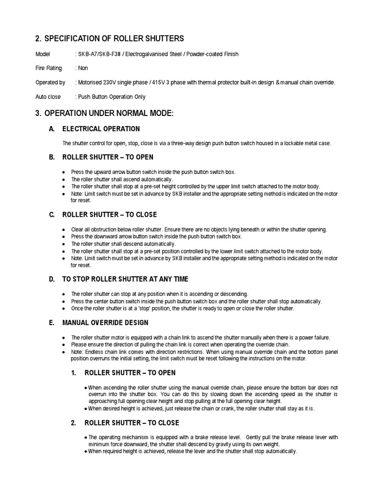 SKB Roller Shutter Operation Manual | PDF | Switch | Shutter (Photography)