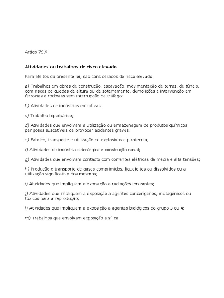 Artigo 79.º Atividades Ou Trabalhos de Risco Elevado | PDF