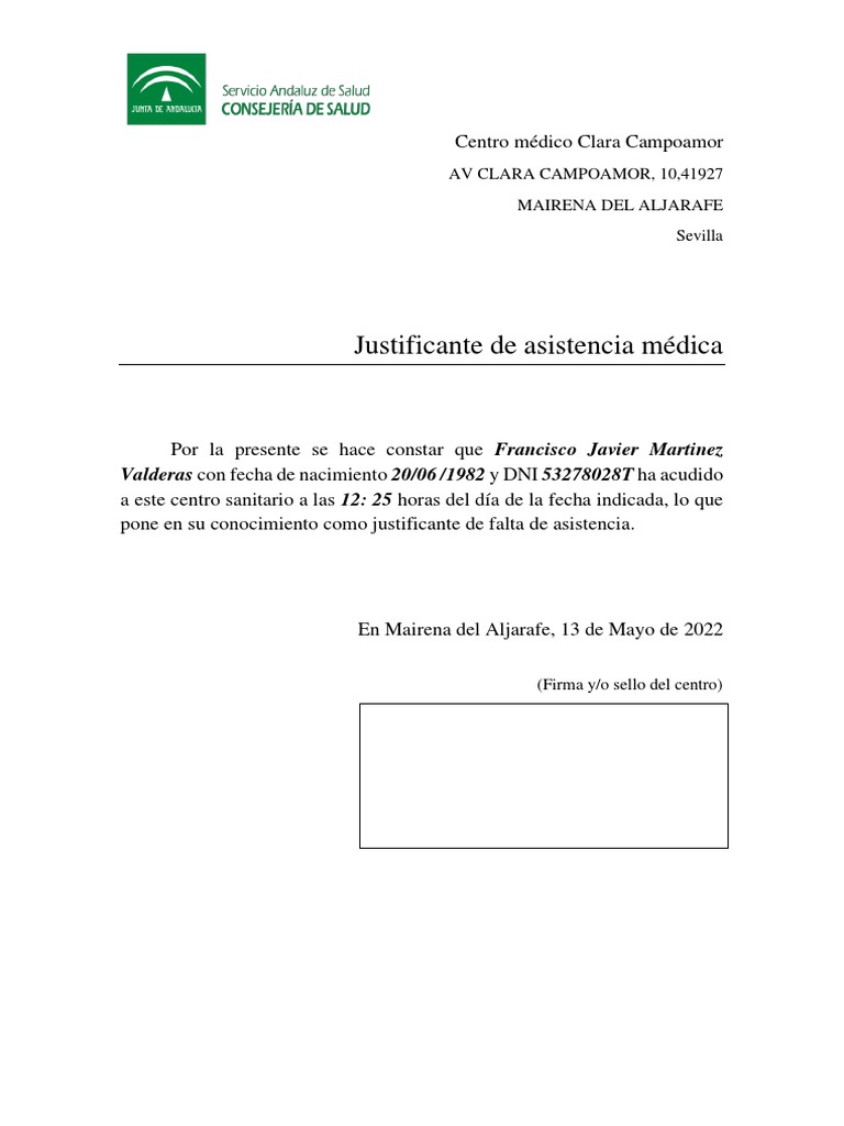 Plantilla Justificante Medico Andalucia | PDF