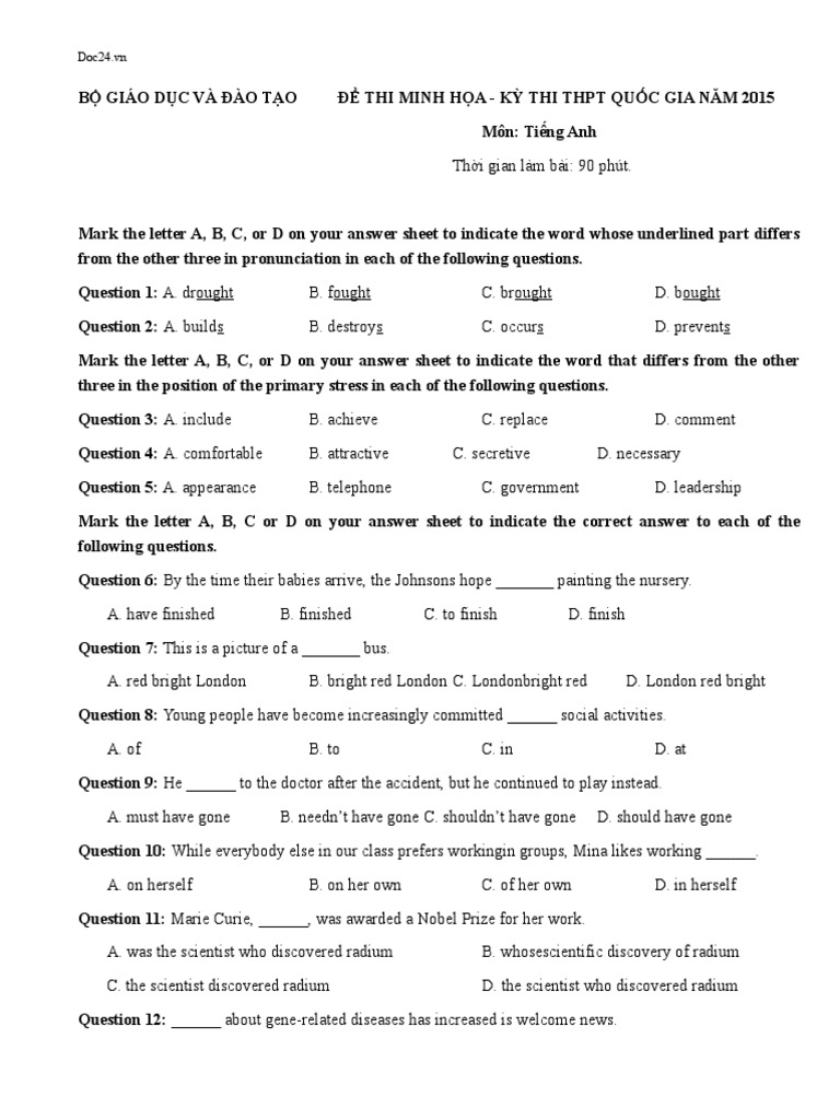 (Lib24.vn) De-Thi-Minh-Hoa-Va-Dap-An-Ky-Thi-Thpt-Quoc-Gia-Nam-2016-Mon-Tieng-Anh-Co-Dap-An | PDF ...