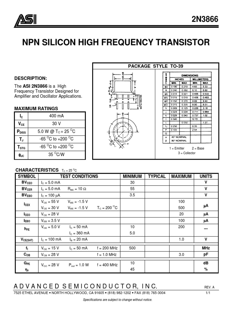 NPN Silicon High Frequency Transistor: Package Style To-39 | PDF ...