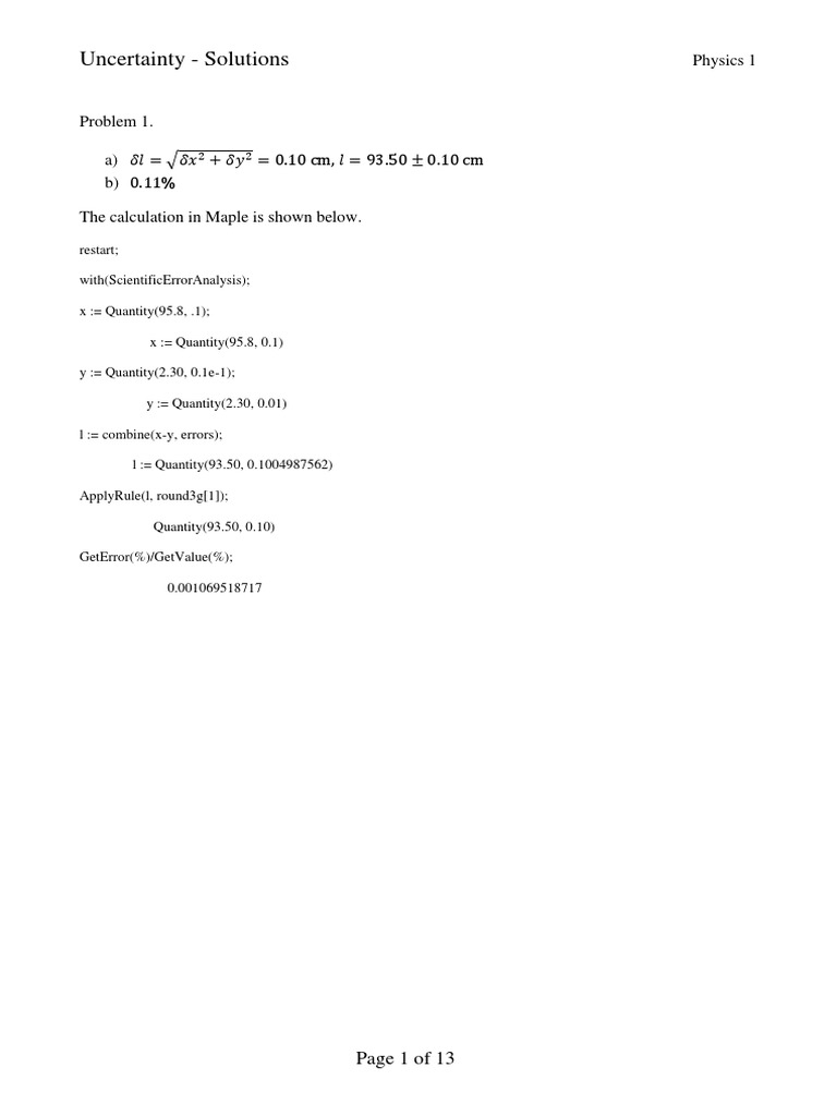 Problems in Uncertainty With Solutions Physics 1 | PDF | Coefficient Of ...