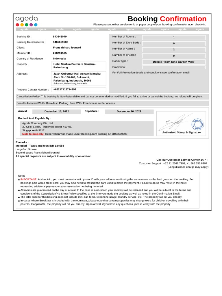 Agoda Booking Confirmation: Hotel Santika Palembang | PDF | Payments