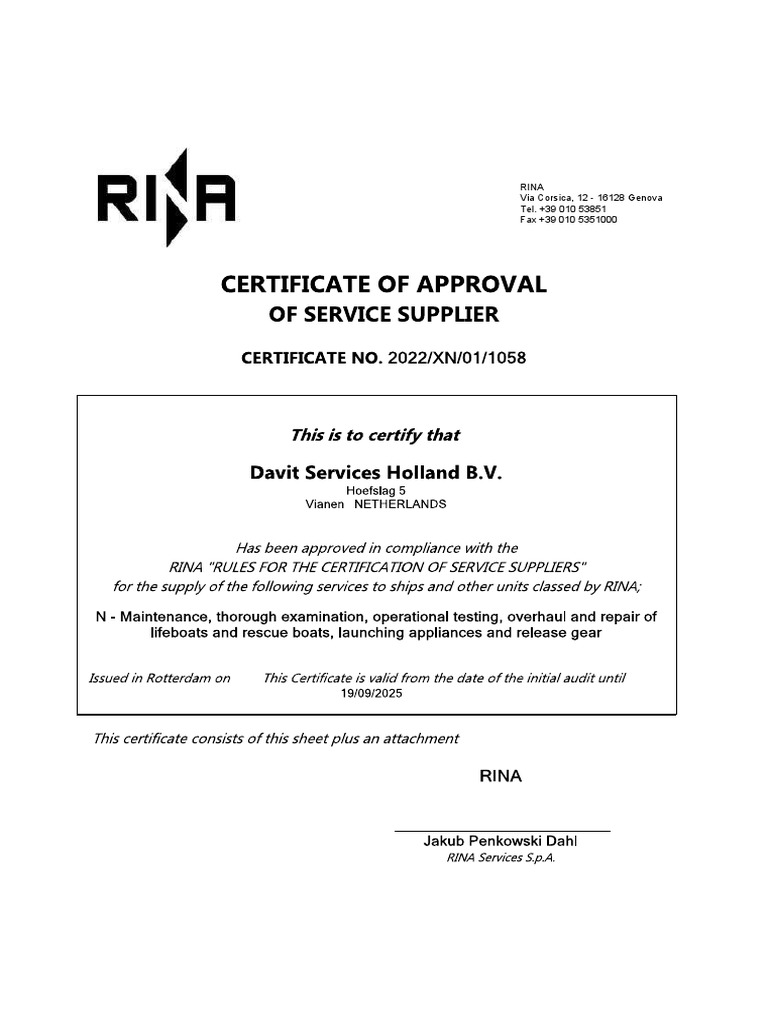 19-09-2025 RINA Certificate 1 | PDF