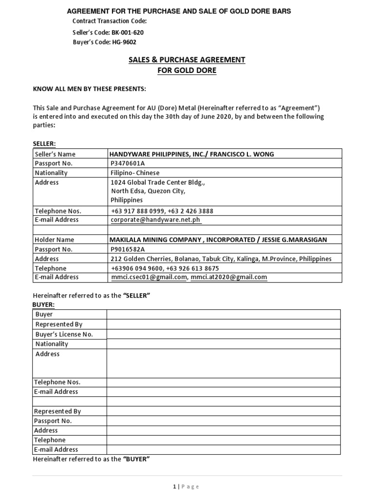 Agreement For The Purchase of Gold Bar | Download Free PDF | Letter Of Credit | Indemnity