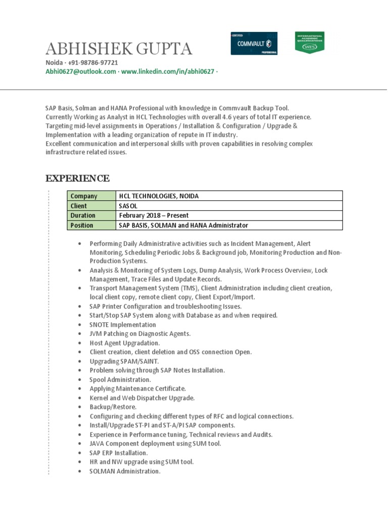 Abhishek Gupta - SAP Basis & Hana | PDF | Backup | Server (Computing)