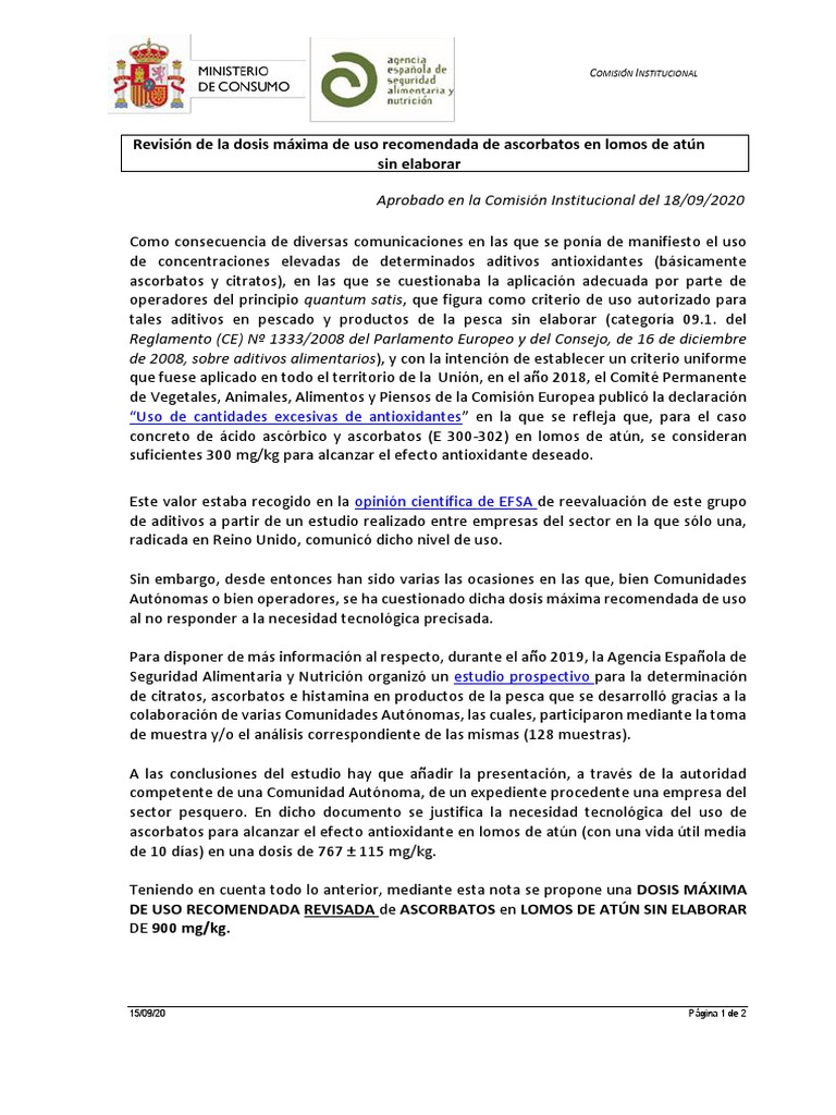 Dosis Maxima Ascorbatos Atun | PDF | Comisión Europea | Alimentos