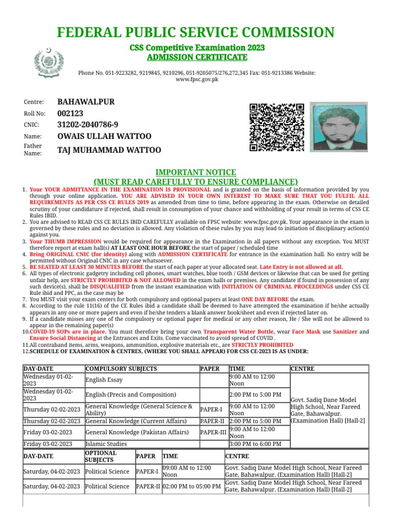 Admission Certificate and Examination Schedule for CSS Competitive Examination 2023 | PDF