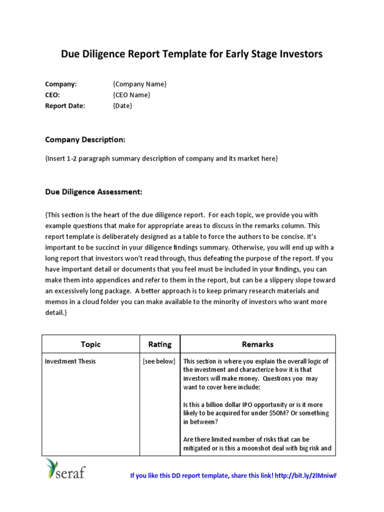 Due Diligence Report Template For Early Stage Investors | PDF