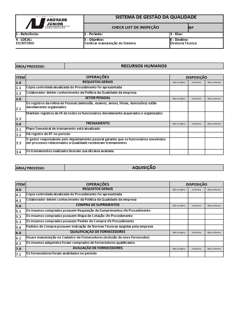 Check List Qualidade Gestão | PDF | Qualidade (negócios) | Gestão de recursos humanos