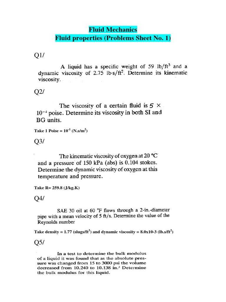Fluid Mechanics Problems Sheet | PDF | Technology & Engineering