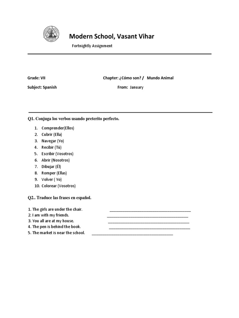 Spanish Assignment For Grade VII | PDF