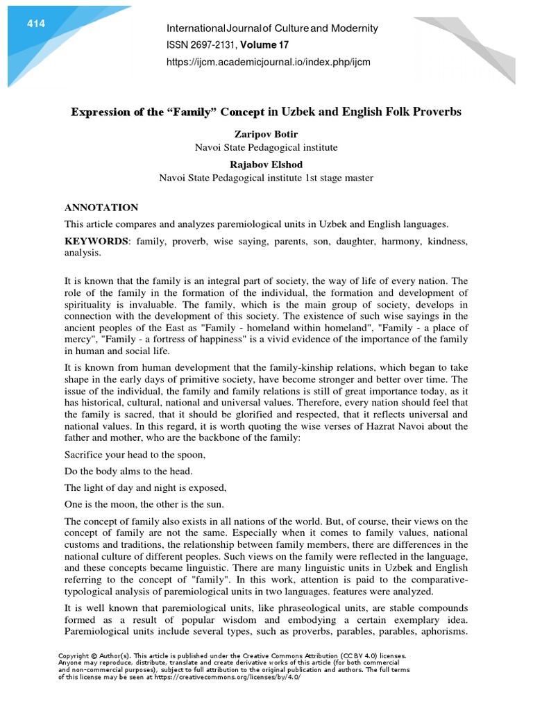 Expression of The "Family" Concept in Uzbek and English Folk Proverbs ...