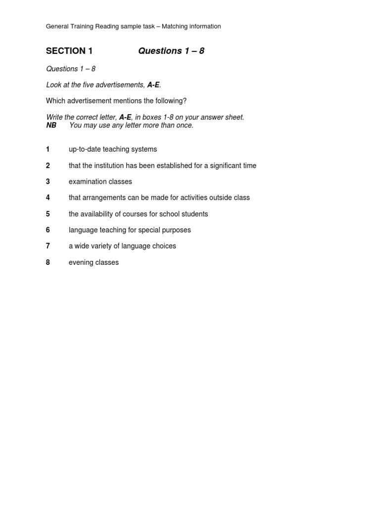 General Training Reading Sample Task - Matching Information | PDF ...