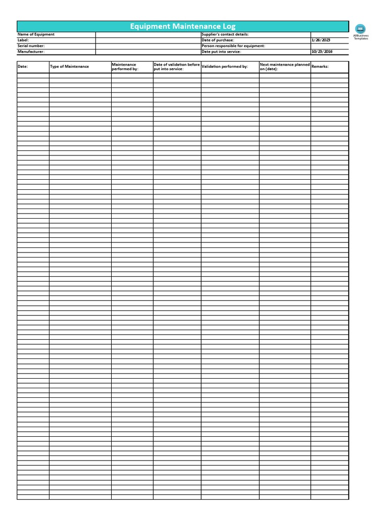 Equipment Maintenance Log Template | PDF