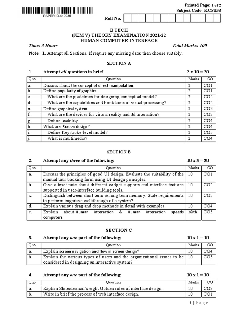 Btech Cs 5 Sem Human Computer Interface Kcs058 2022 | PDF Btech Cs 5 Sem Human Computer Interface Kcs058 2022 | PDF