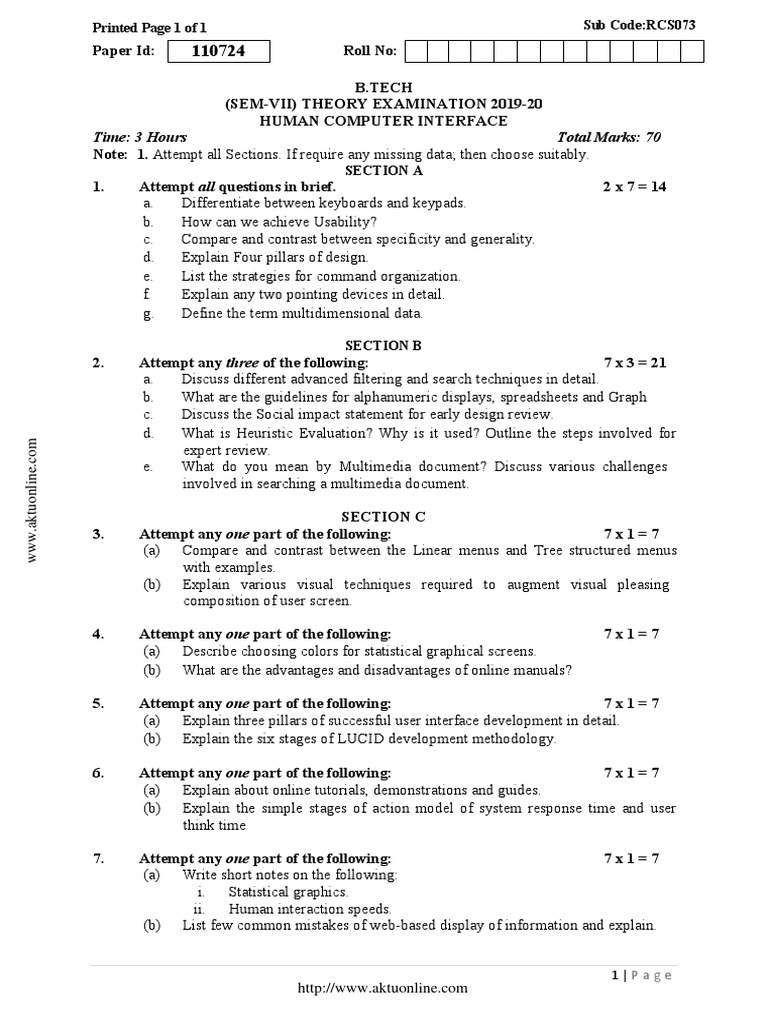 Btech Cs 7 Sem Human Computer Interface Rcs073 2020 Pdf User Interface Humancomputer 1703