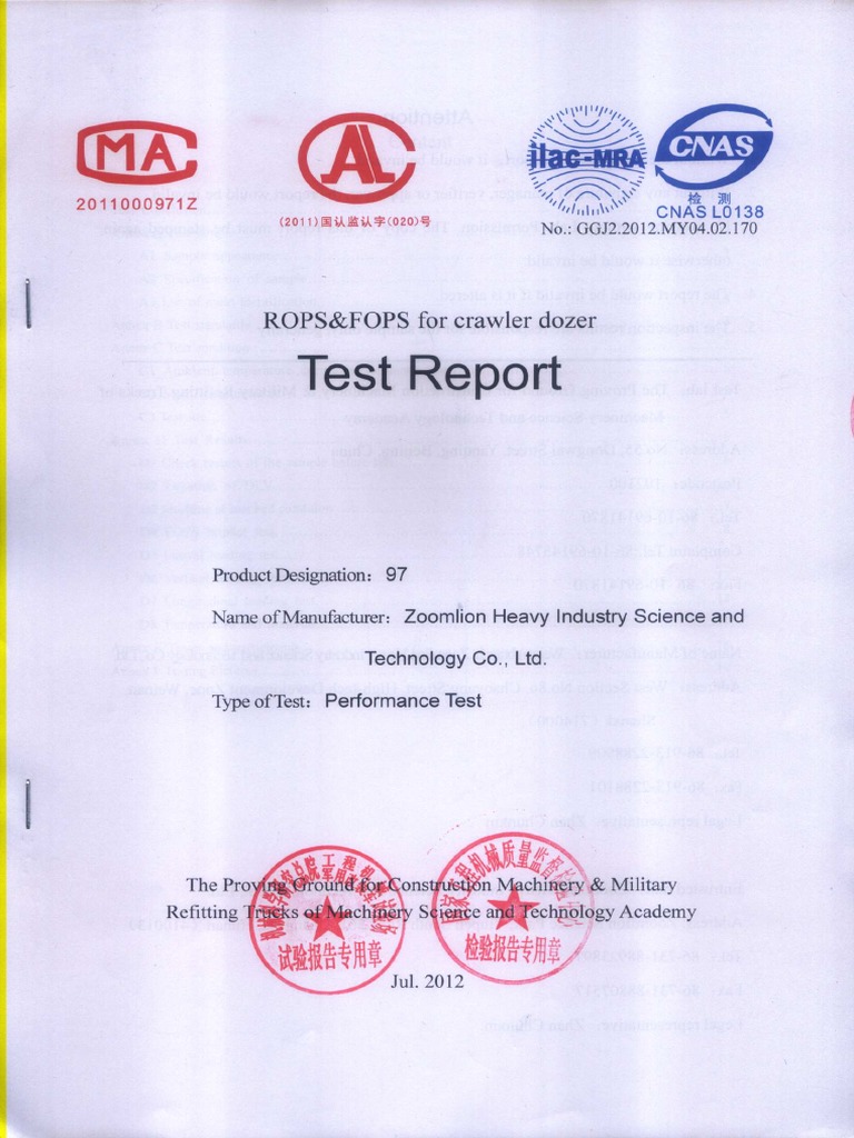ROPS - FOPS - Crawler Certificate | PDF