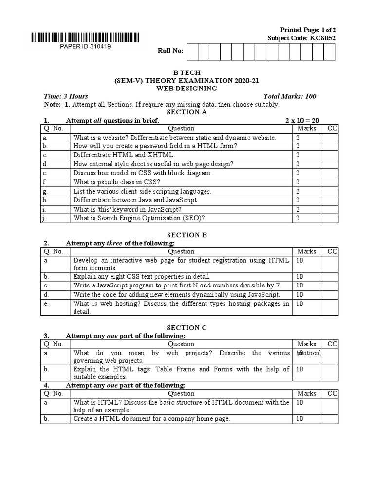 Btech Cs 5 Sem Web Designing kcs052 2021 | PDF | World Wide Web | Internet & Web
