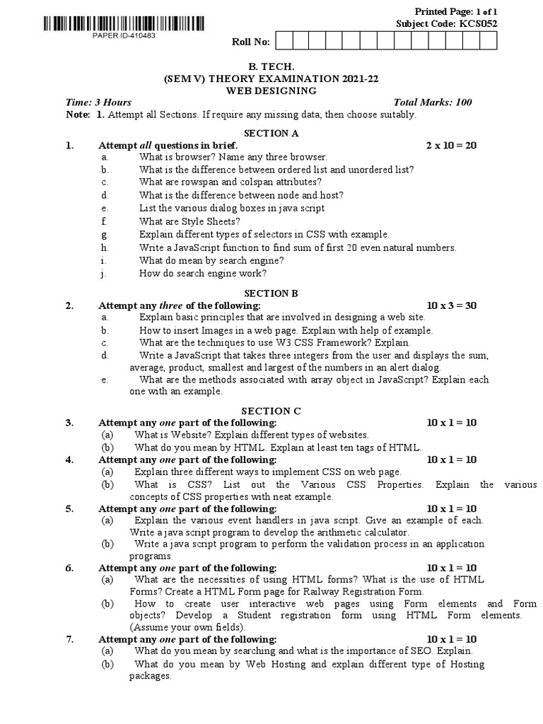 Btech Cs 5 Sem Web Designing Kcs052 2022 | PDF