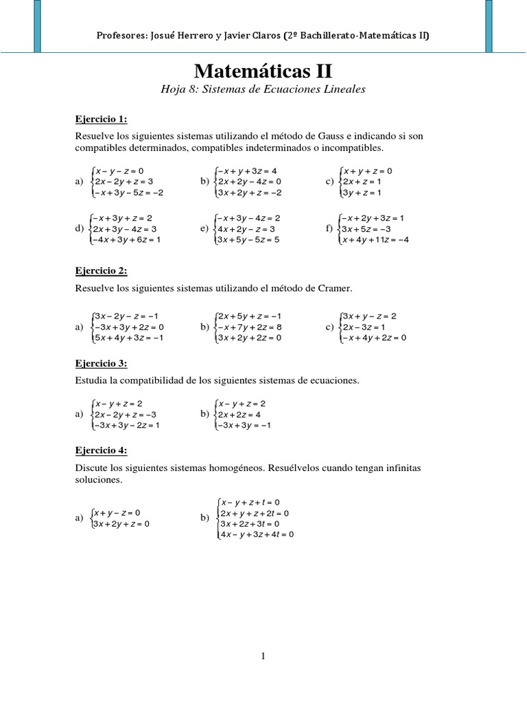 Hoja 8-. Sistemas de Ecuaciones Lineales | PDF | Ecuaciones | Sistema de ecuaciones lineales
