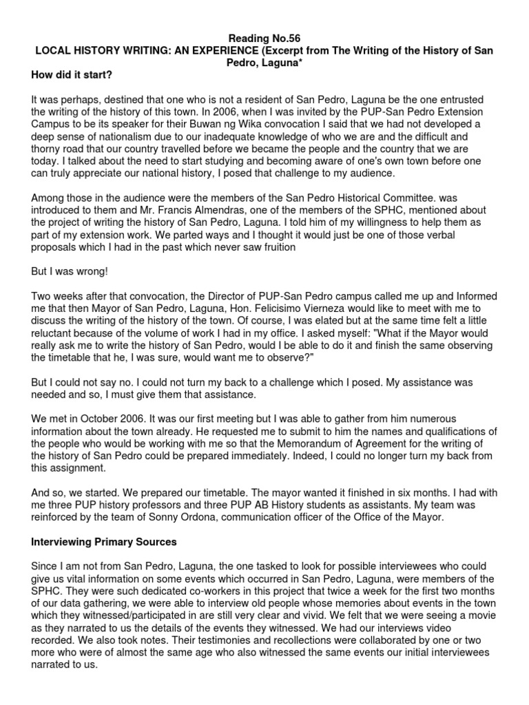 Reading No. 56 LOCAL HISTORY WRITING AN EXPERIENCE Excerpt From The ...