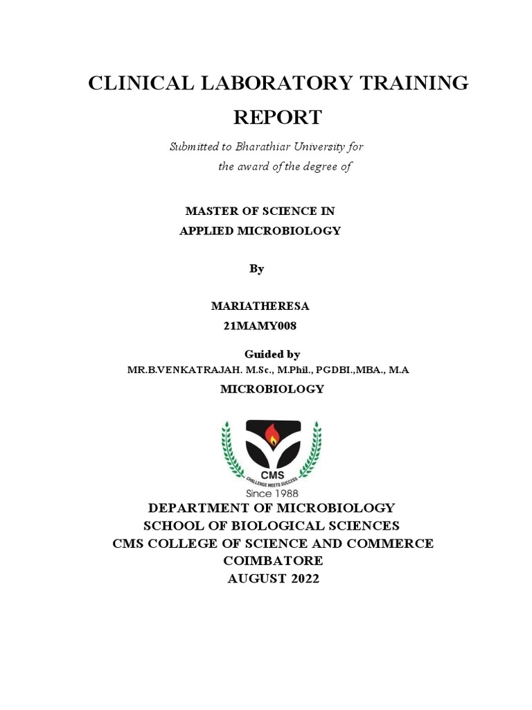 Clinical Laboratory Training: Submitted To Bharathiar University For ...