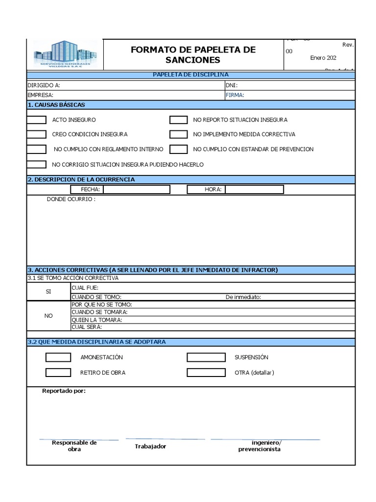 Formato de papeleta de sanciones para reportar incidentes de seguridad ...