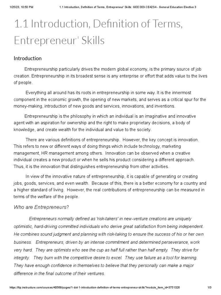 1.1 Introduction, Definition of Terms, Entrepreneur' Skills - GEE 003 ...