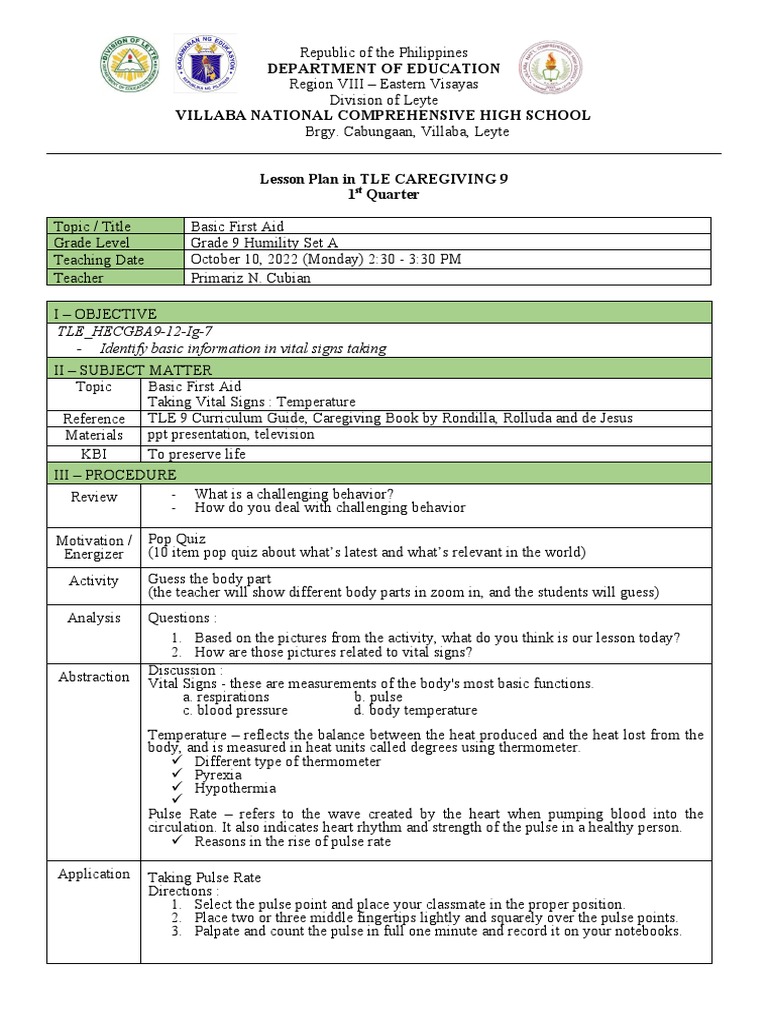 DLL 5 - First Aid Principles | PDF | Pulse | Behavior Modification