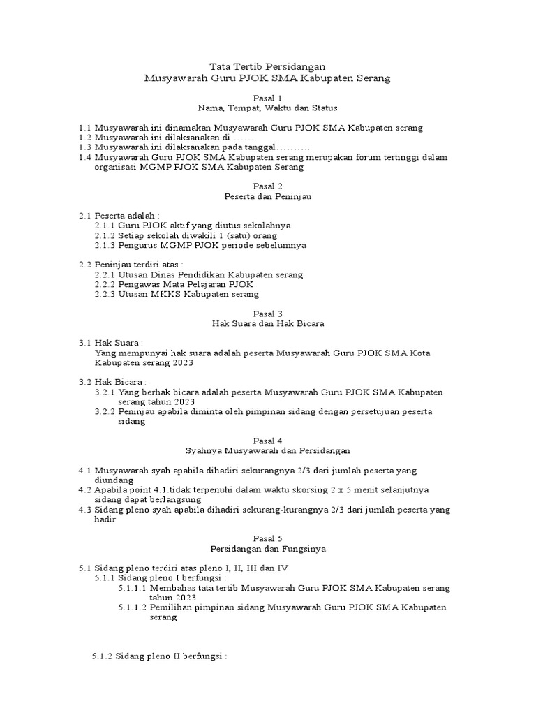 Rancangan Tata Tertib Persidangan MGMP - PJOK 2 | PDF