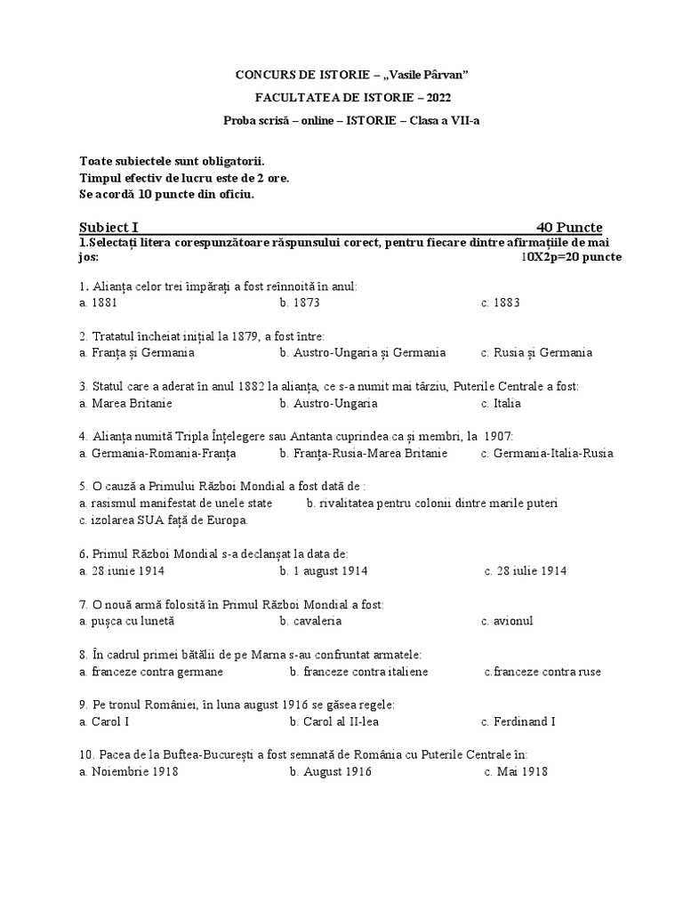 Clasa A VII A - Subiecte Barem | PDF