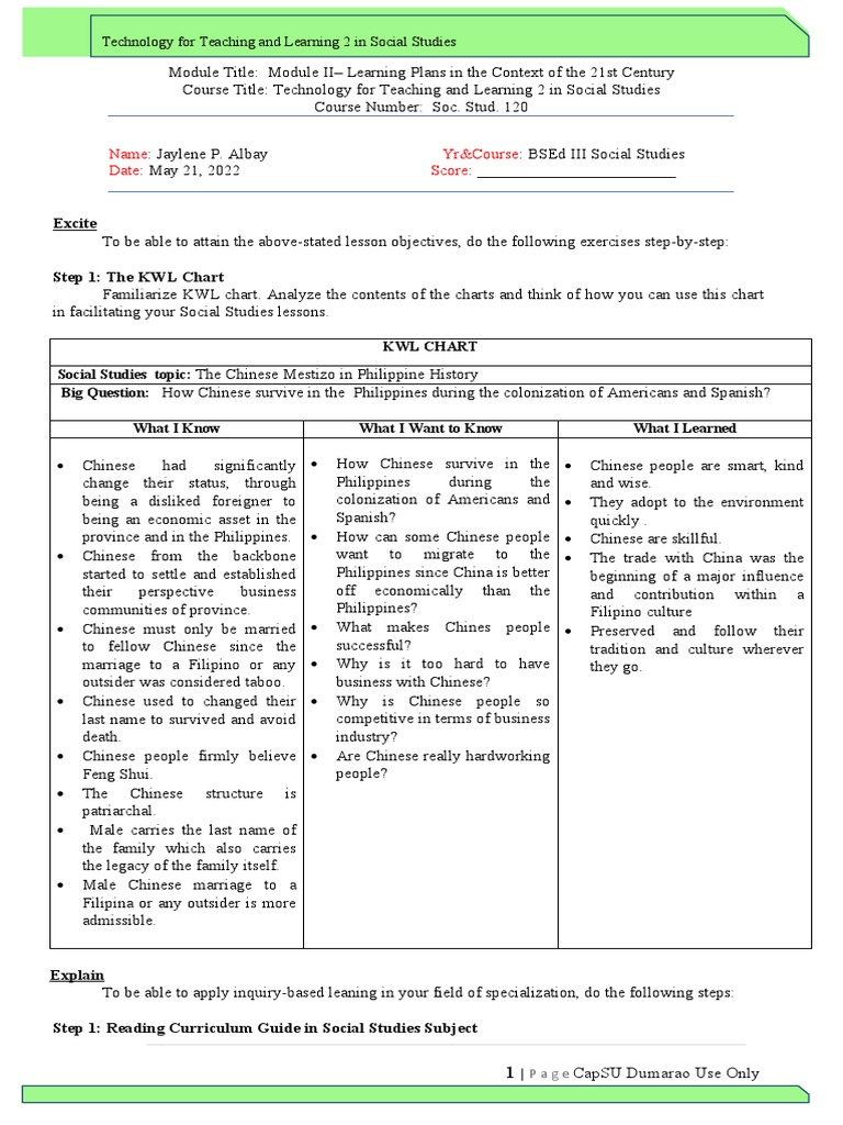 KWL Chart for Social Studies Lessons | PDF | History