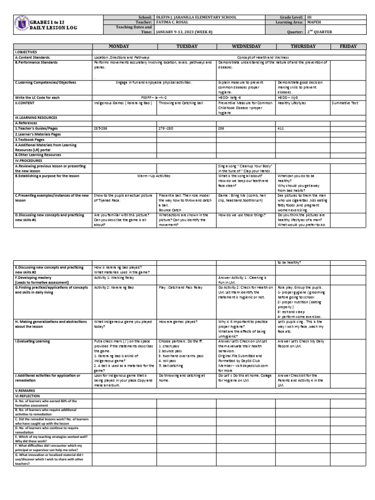 DLL - Mapeh 3 - Q2 - W8 | PDF | Hygiene | Learning