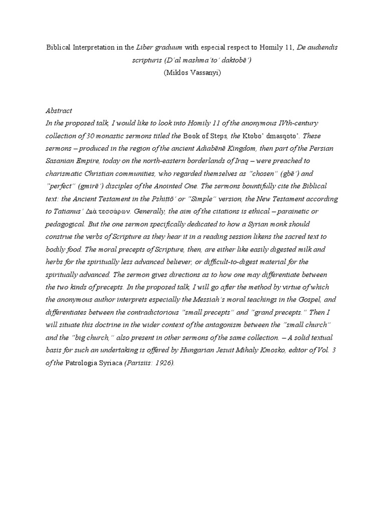 Abstract-Biblical Exegesis in The Liber Graduum, Homily XI | PDF