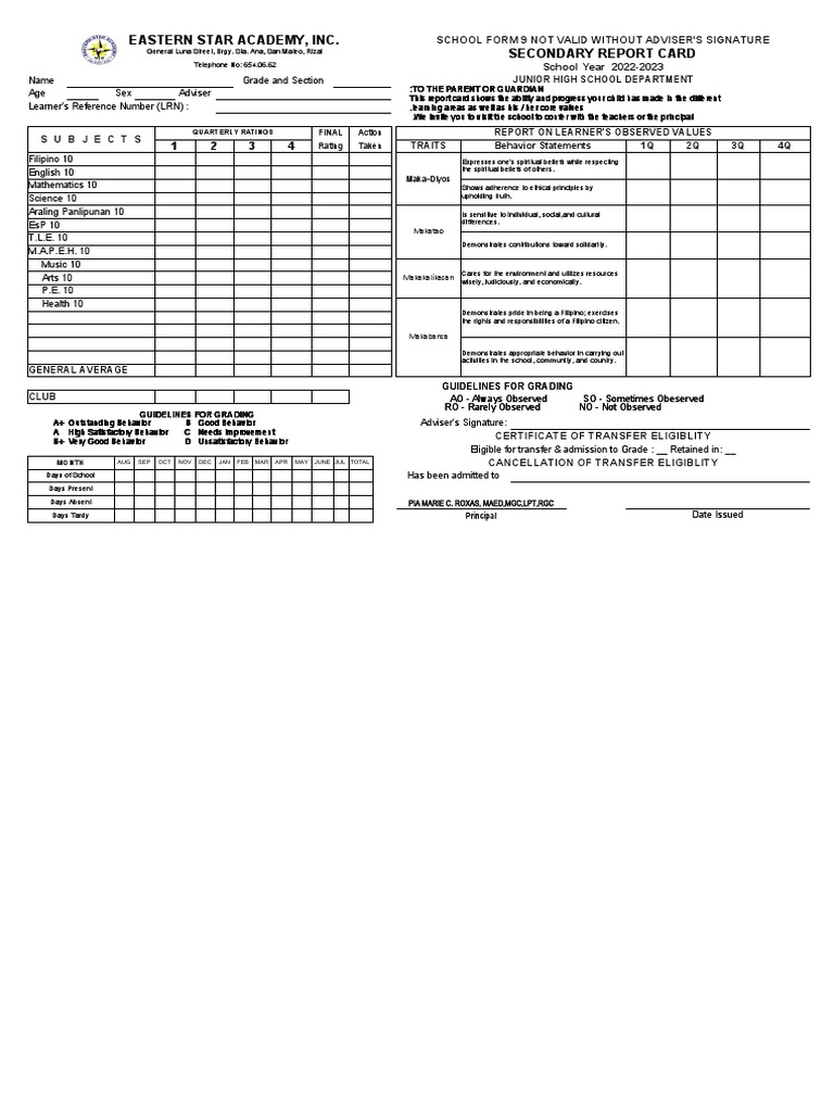 SF10 JHS 2022-2023 | PDF | Psychology | Psychological Concepts