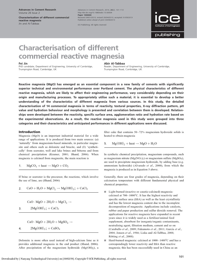 Characterisation of Different Commercial Reactive Magnesia | PDF ...