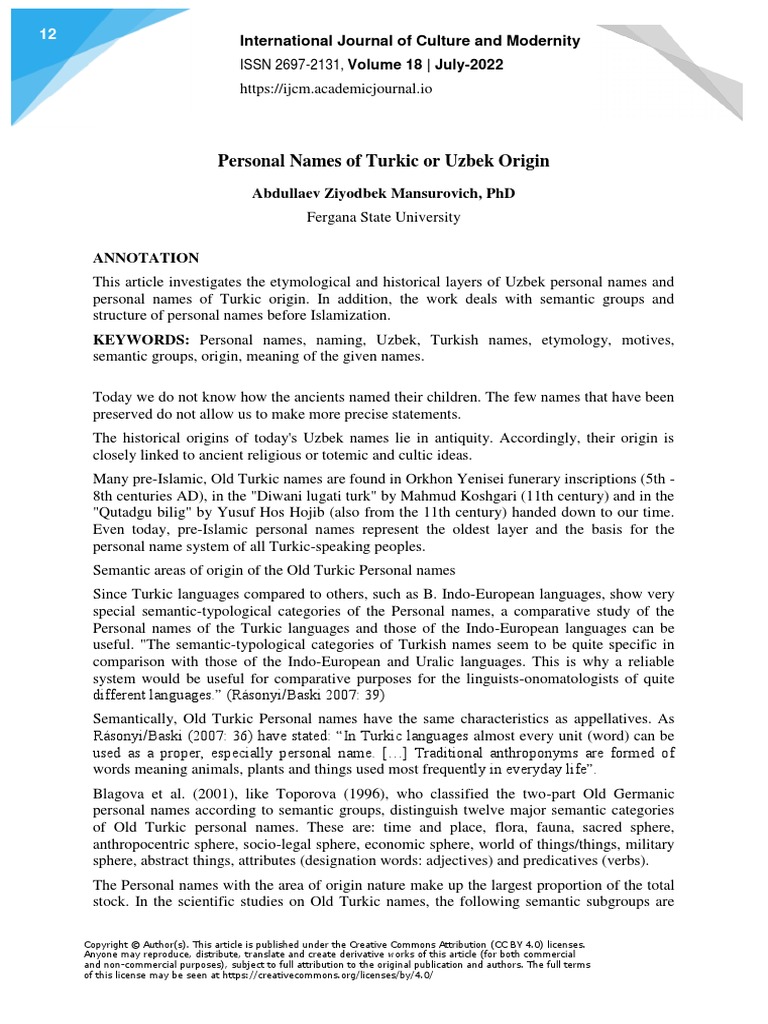 Personal Names of Turkic or Uzbek Origin | PDF | Creative Commons ...