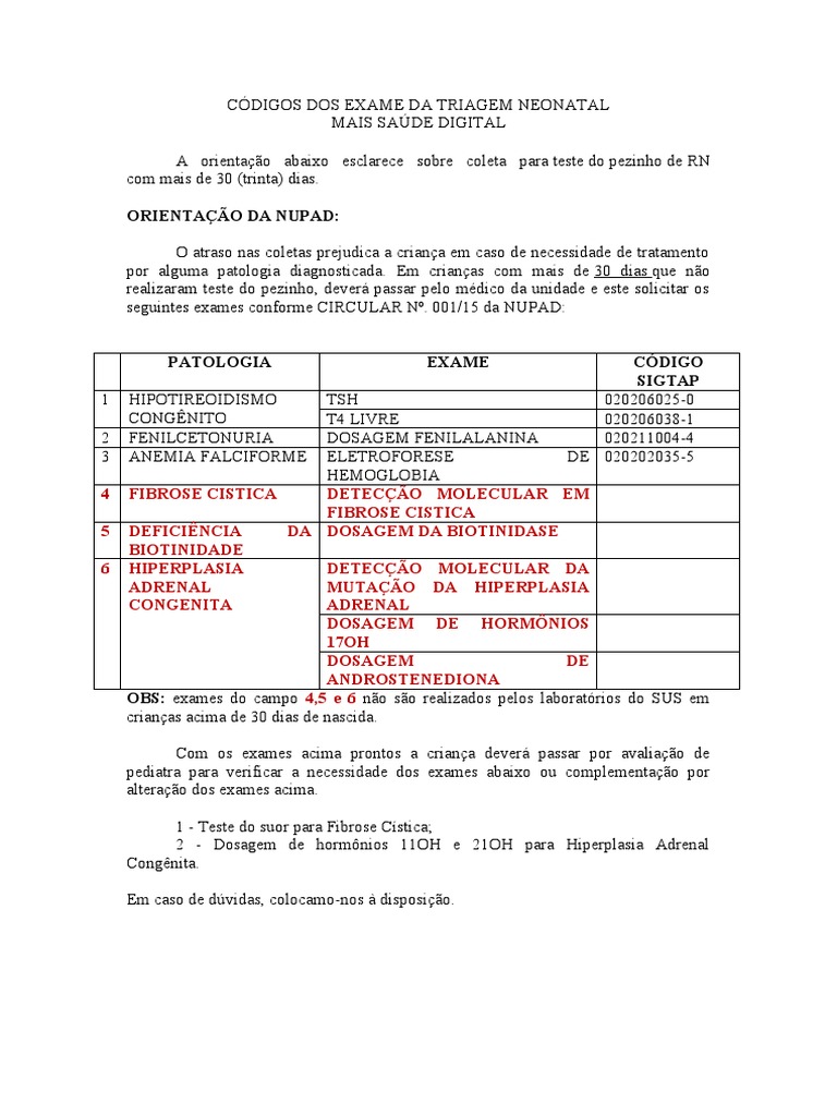 Codigos Dos Exames Triagem Neonatal | PDF | Ciências e Matemática
