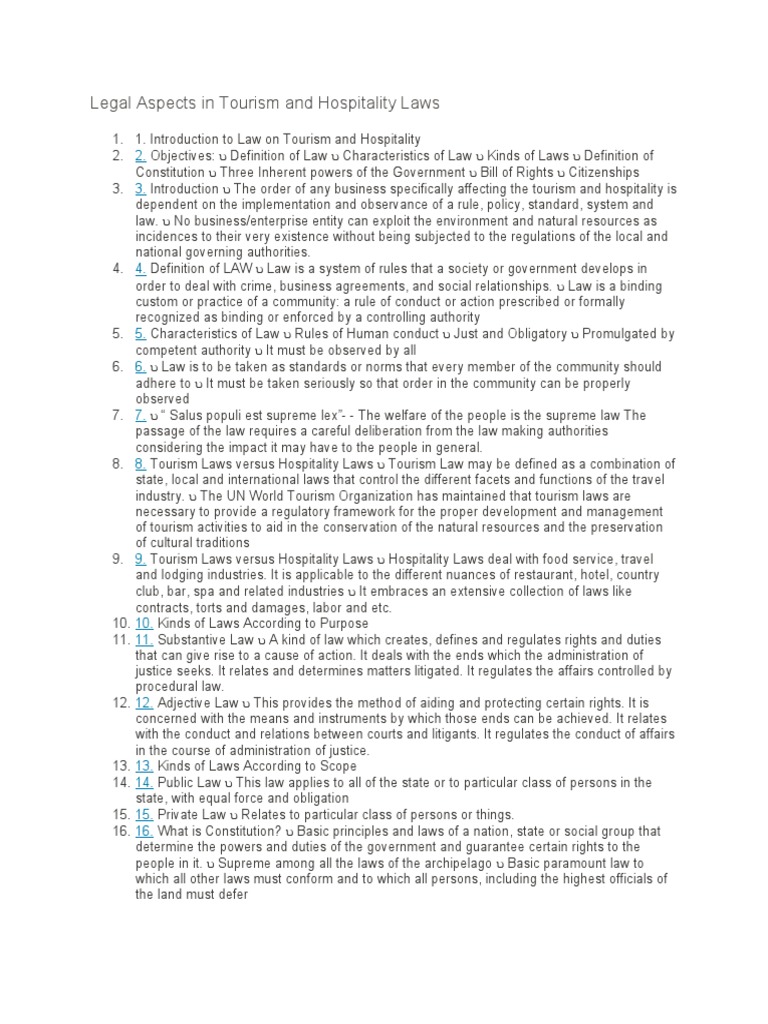 Legal Aspects in Tourism and Hospitality Laws | PDF | Search Warrant ...