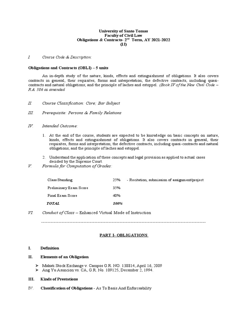 Course Syllabus Outline OBLI 2nd SEM AY 2021 2022 For The Class | PDF ...
