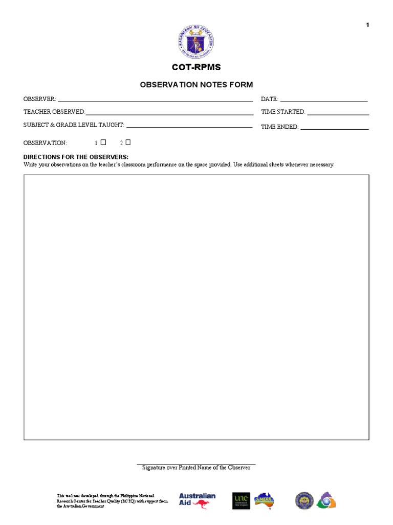 Appendix 3E COT RPMS Observation Notes Form MT | PDF