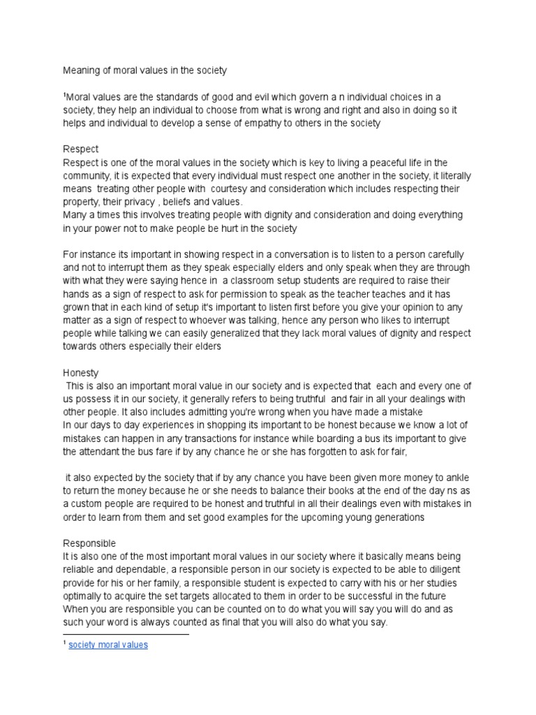 Moral Values in The Society | PDF | Morality | Dignity