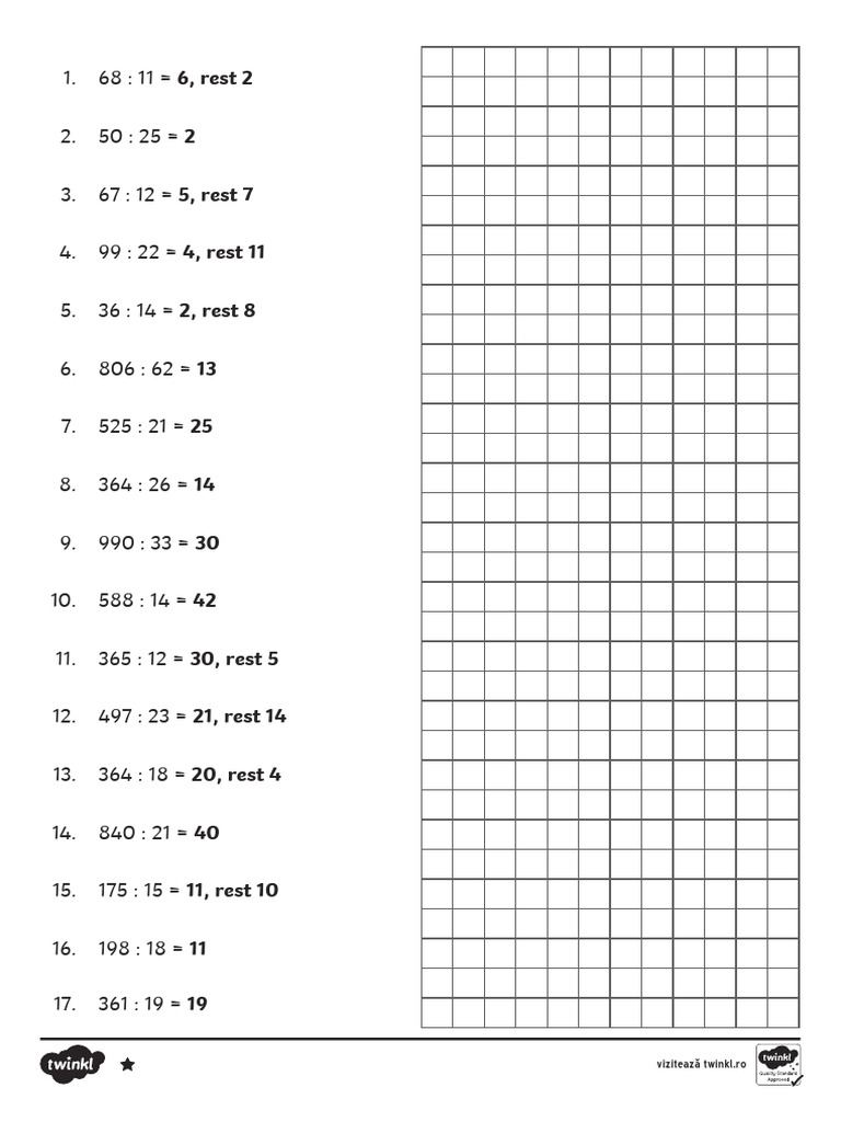 Impartirea Unui Numar Natural La Un Numar de Doua Cifre - Fise de Lucru ...