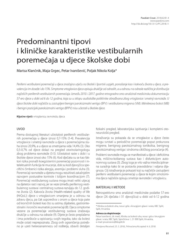 Predominantni Tipovi I Klinicke Karakteristike Vestibularnih Poremecaja ...