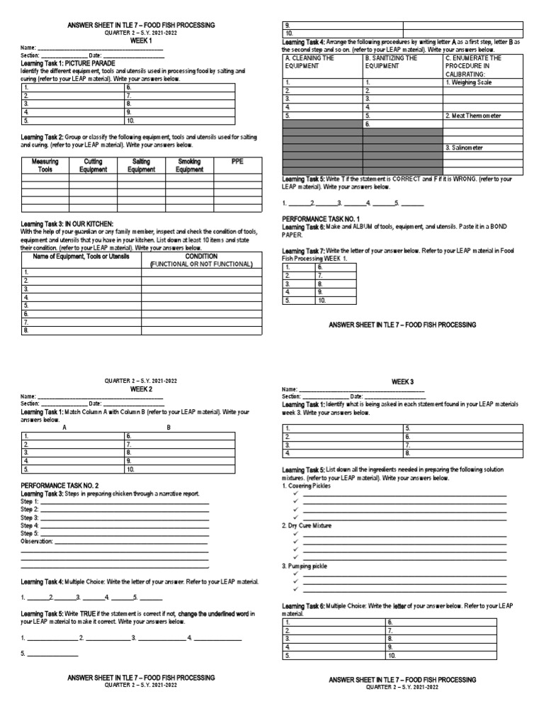 Answer Sheet in Tle 7 Food Fish Processing Edited | PDF | Curing (Food Preservation) | Foods