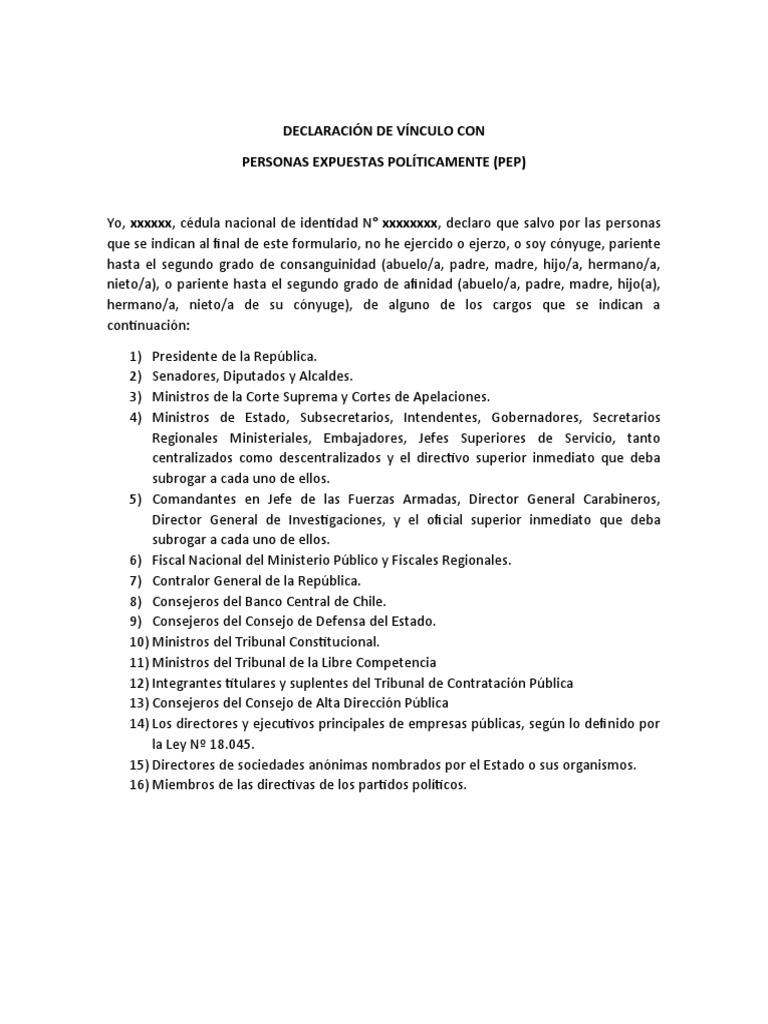 Declaración de Vínculo Con Pep Persona Natural | PDF | Ministerio (Departamento de Gobierno ...